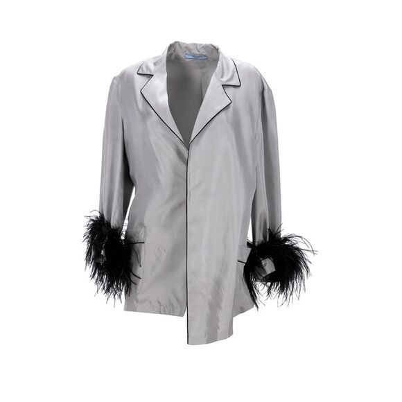 Prada | Jackets & Coats | Prada Feather Cuff Blazer Jacket In Grey Silk ...